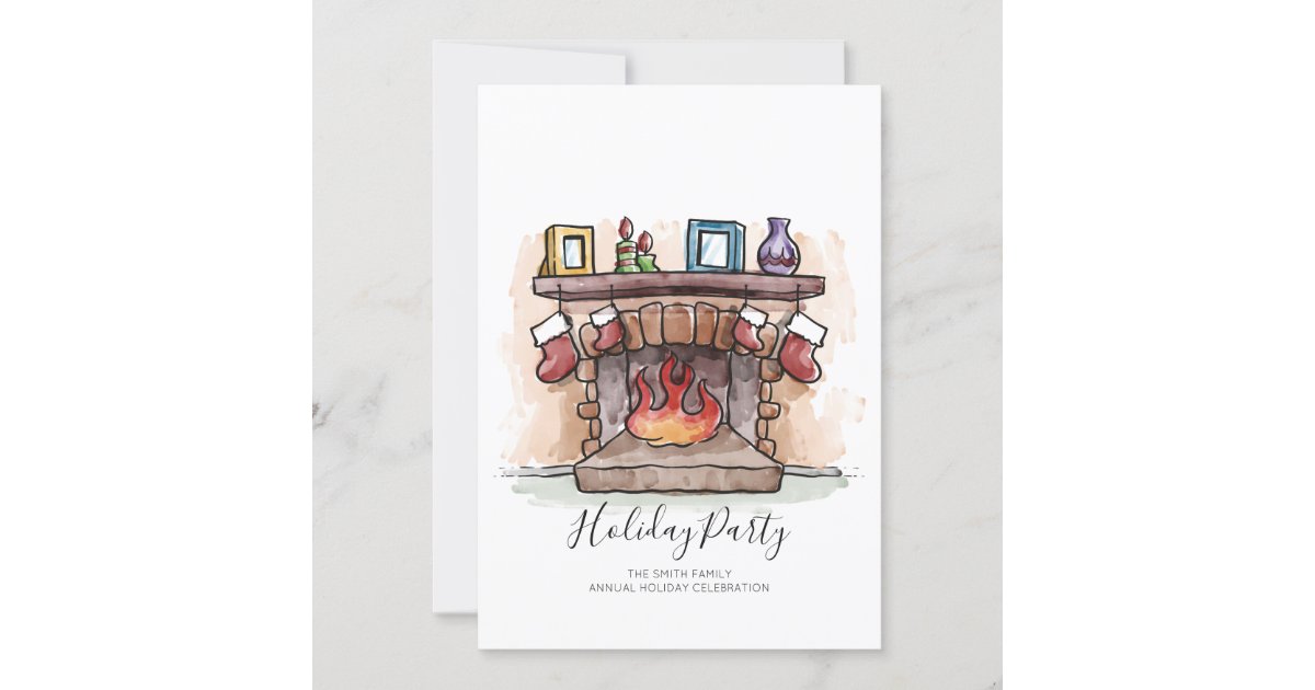 Watercolor Fireplace Holiday Party Invitation | Zazzle