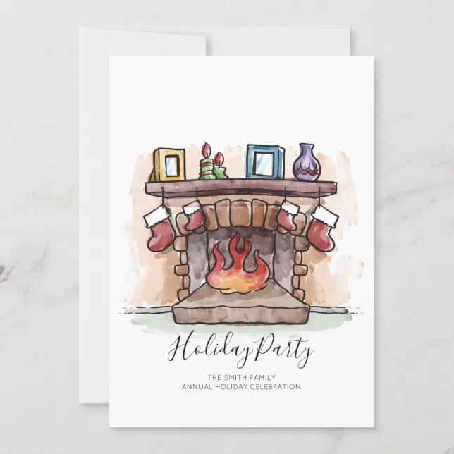 Watercolor Fireplace Holiday Party Invitation | Zazzle