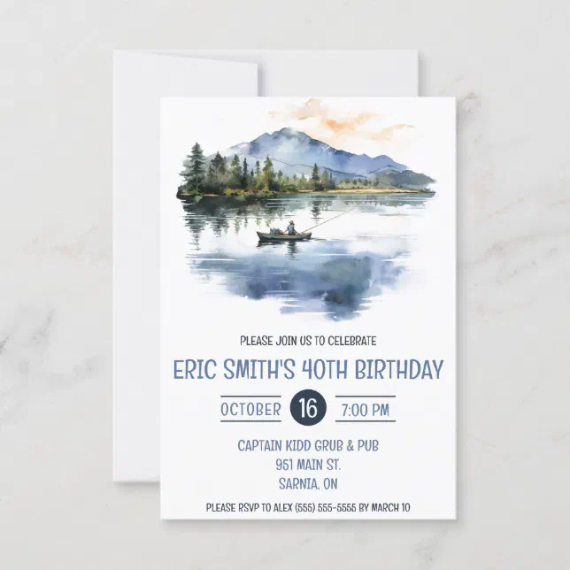 Watercolor Fishing, Mountains, Lake Birthday Party Invitation | Zazzle