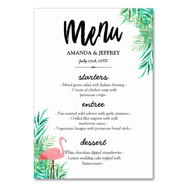 Watercolor Flamingo & Palm Leaves Wedding Menu Table Number | Zazzle