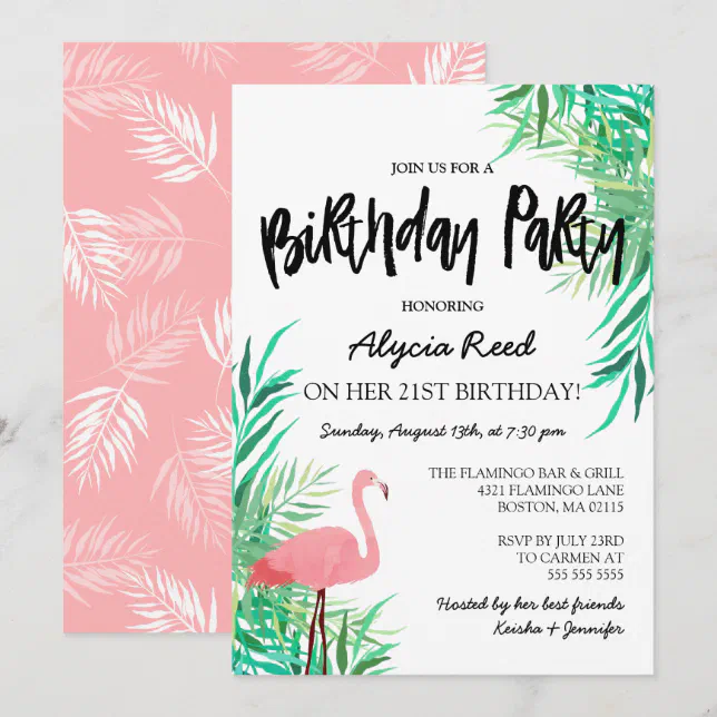 Watercolor Flamingo Tropical Birthday Party Invitation | Zazzle