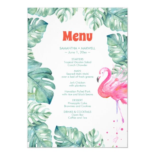 Watercolor Flamingo Tropical Menu Invitation | Zazzle.com