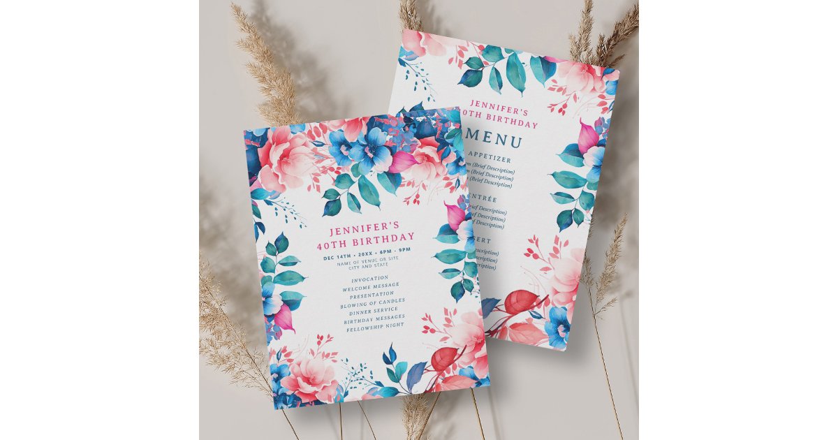 Watercolor Floral 40th Birthday Program Menu | Zazzle