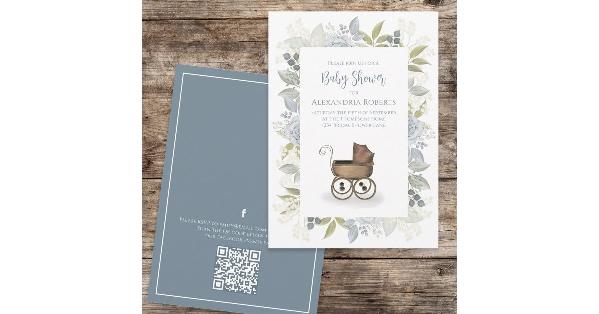 Watercolor Floral Baby Blue QR Code Social Media Invitation | Zazzle