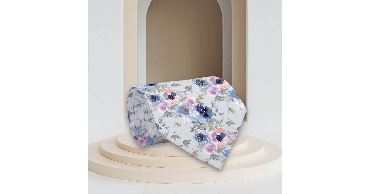Watercolor Floral Blue and Pink Floral pattern Neck Tie | Zazzle