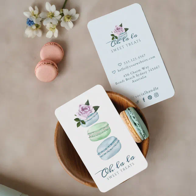 Watercolor Floral Blue Macaron Bakery & Sweets Business Card | Zazzle