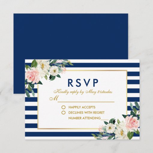 Watercolor Floral Blue Stripes Wedding RSVP | Zazzle