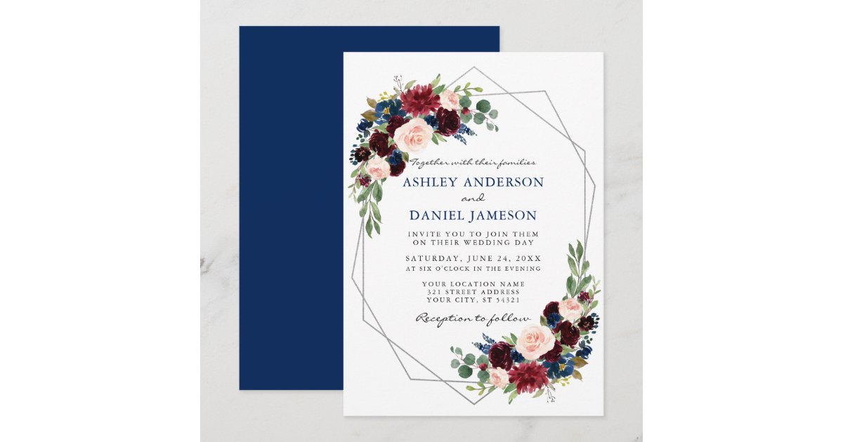 Watercolor Floral Blue Wedding Geometric Silver Invitation | Zazzle