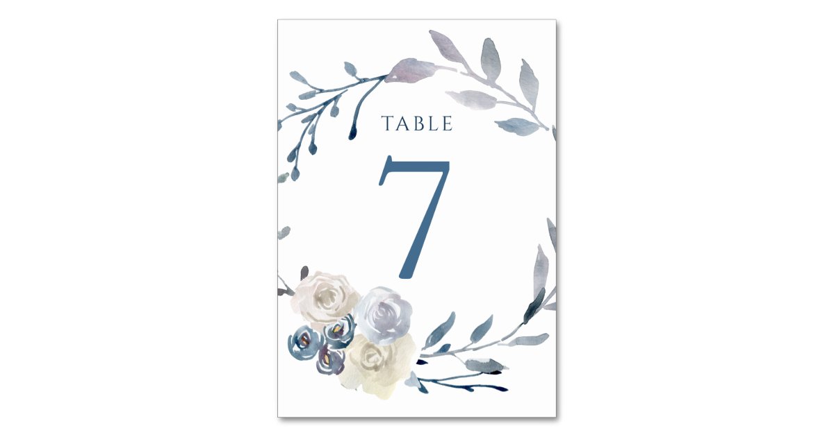 watercolor floral blue wreath Table Number 7 | Zazzle