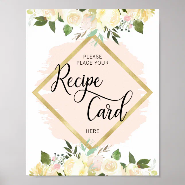 Watercolor Floral Blush Pink Gold RECIPE CARD Sign | Zazzle