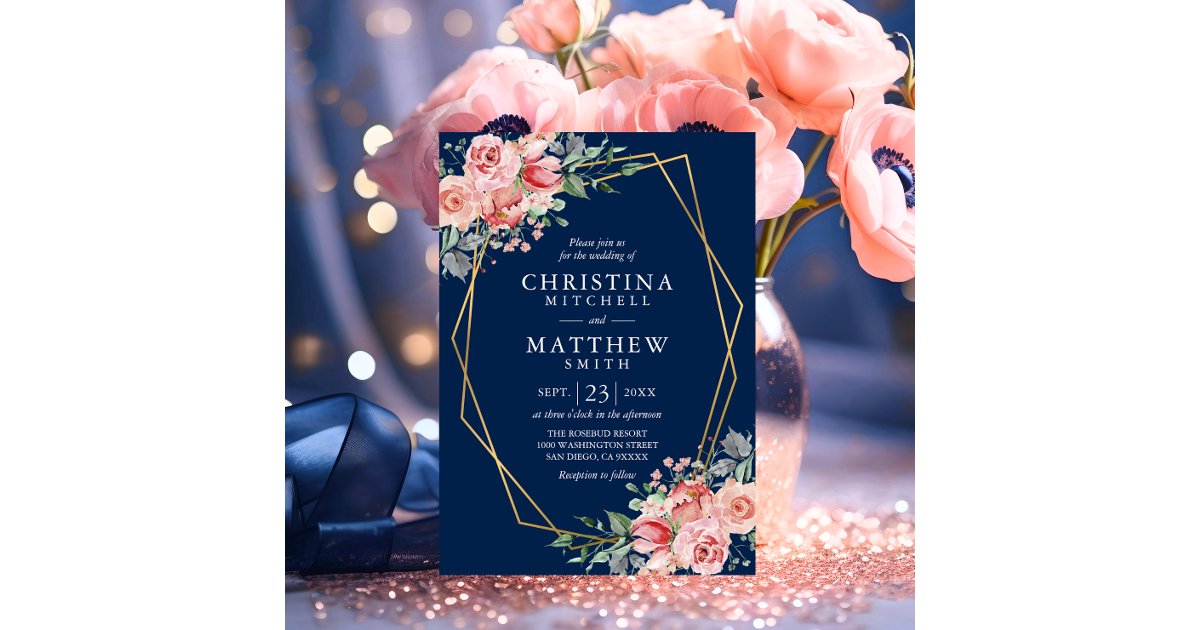 Watercolor Floral Blush Pink Navy Blue Wedding Invitation | Zazzle