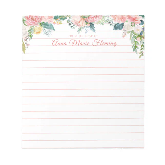 Watercolor Floral Blush Pink Rose Script Lined Notepad | Zazzle