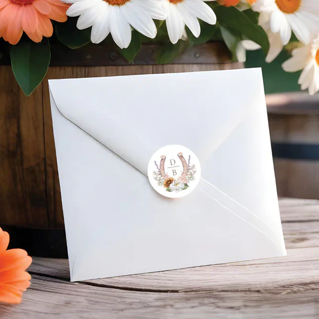 Watercolor Floral Boho Western Horseshoe Monogram Classic Round Sticker ...