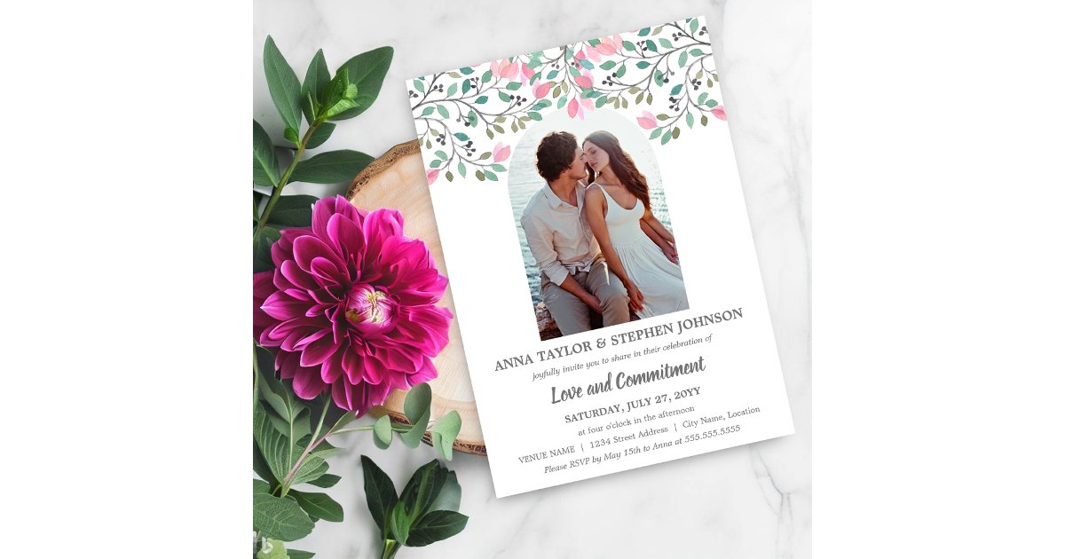 Watercolor Floral Branch Photo Commitment Ceremony Invitation | Zazzle
