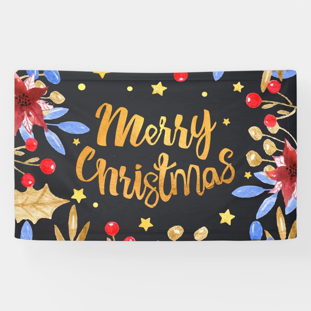 Watercolor floral bright golden Merry Christmas Banner | Zazzle