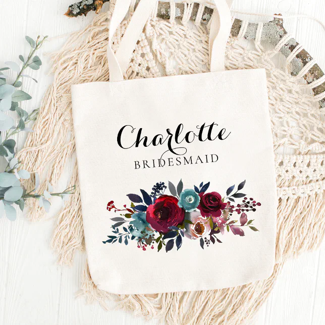 Watercolor Floral Burgundy Bridesmaid Wedding Gift Tote Bag | Zazzle