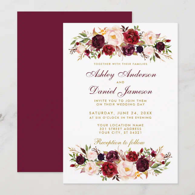 Watercolor Floral Burgundy Wedding Invitation BG | Zazzle