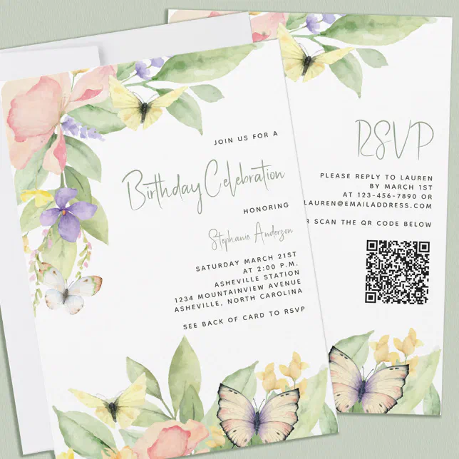 Watercolor Floral Butterfly QR Code Birthday Party Invitation | Zazzle