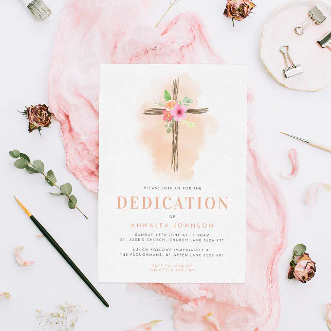 Watercolor Floral Cross Baby Dedication Invitation | Zazzle