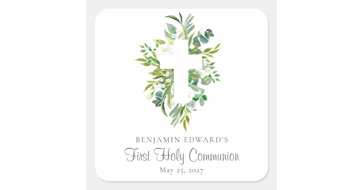 Watercolor Floral Cross Greenery First Communion Square Sticker | Zazzle