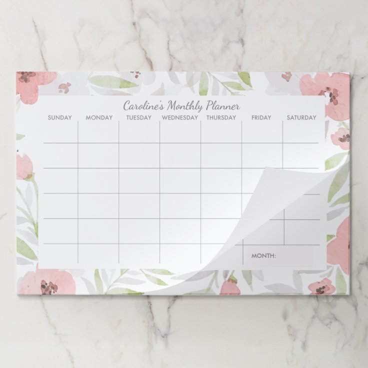 Watercolor Floral Custom Desk Pad Monthly Calendar | Zazzle