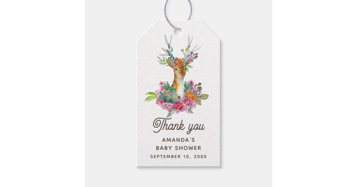 Watercolor floral deer baby shower thank you gift tags | Zazzle