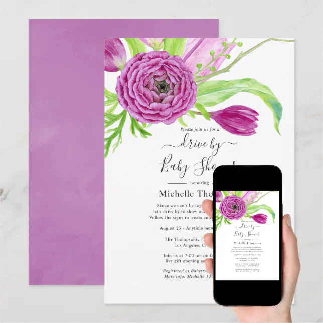 Watercolor Floral Drive By Bridal or Baby Shower Invitation | Zazzle