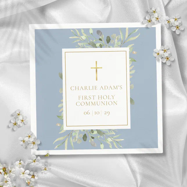 Watercolor Floral Dusty Blue First Holy Communion Napkins | Zazzle