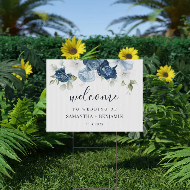 Watercolor Floral Dusty Blue Wedding Sign | Zazzle