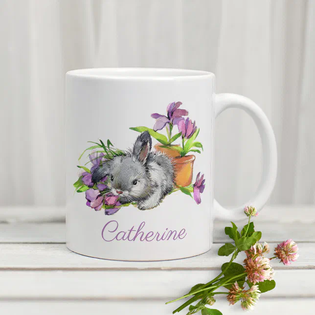 Watercolor Floral Easter Bunny Rabbit Personalized Coffee Mug | Zazzle