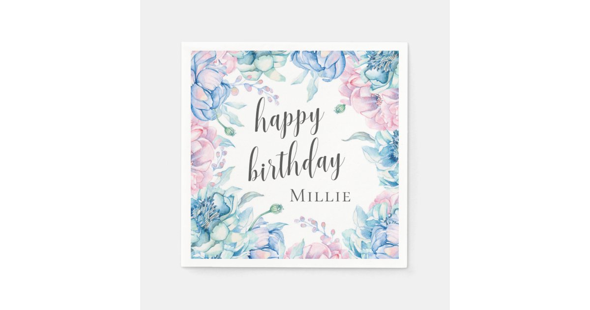 Watercolor Floral Elegant Farmhouse Happy Birthday Napkins | Zazzle