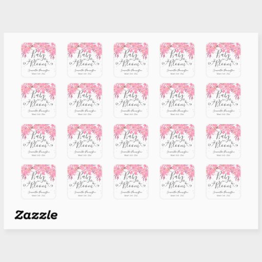 Watercolor Floral Fancy Script Baby in Bloom Square Sticker | Zazzle