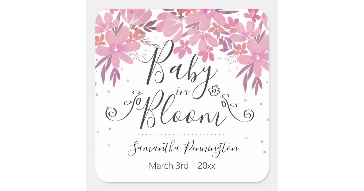 Watercolor Floral Fancy Script Baby in Bloom Square Sticker | Zazzle