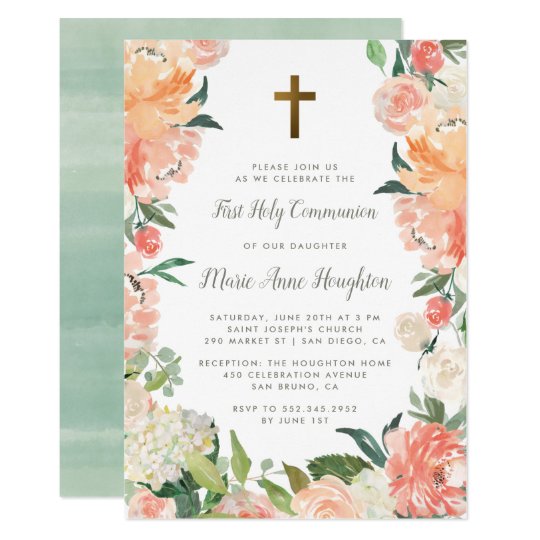 Watercolor Floral Frame First Holy Communion Invitation | Zazzle.com