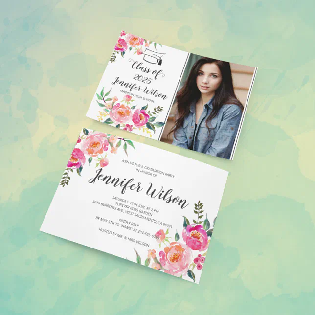 Watercolor Floral Grad Photo Graduation Party Invitation | Zazzle