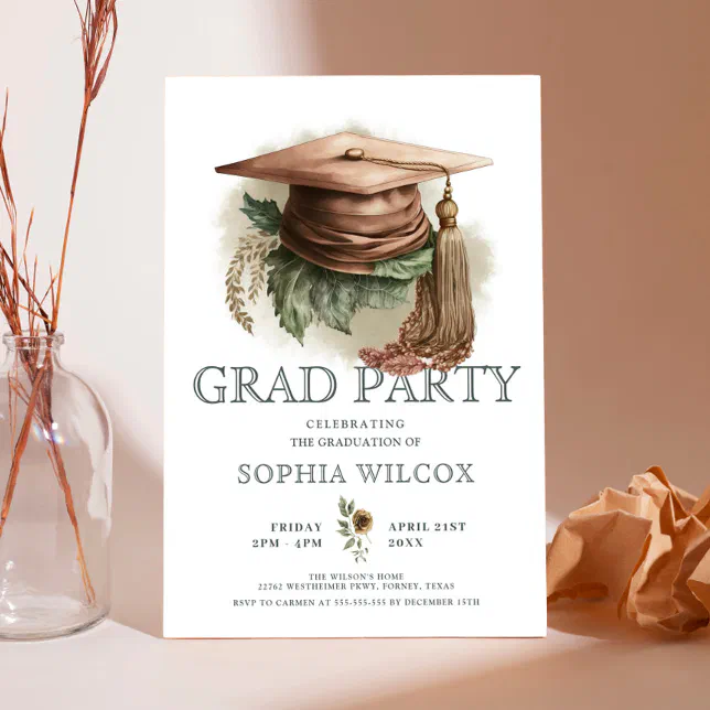 Watercolor Floral Graduation Cap Photo Grad Party Invitation | Zazzle
