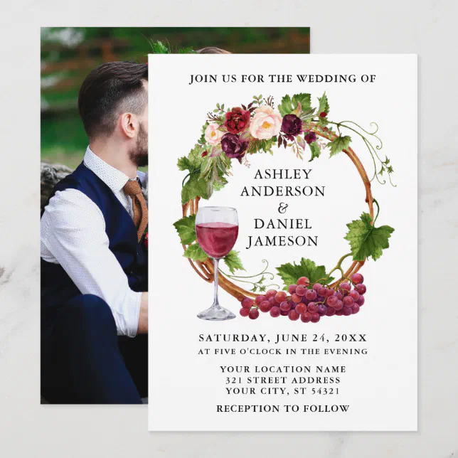 Watercolor Floral Grape Vines Wreath Photo Wedding Invitation | Zazzle