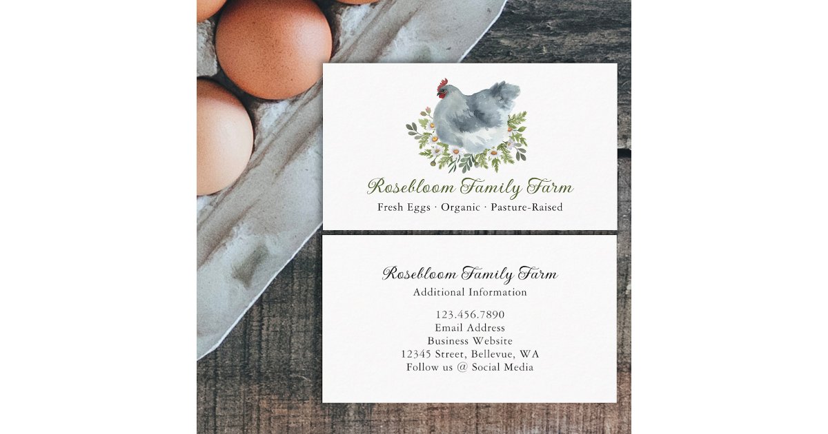 Watercolor Floral Gray Chicken Hen Farm Fresh Eggs Business Card | Zazzle