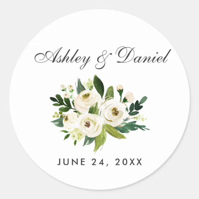 Watercolor Floral Green and White Wedding Classic Round Sticker | Zazzle