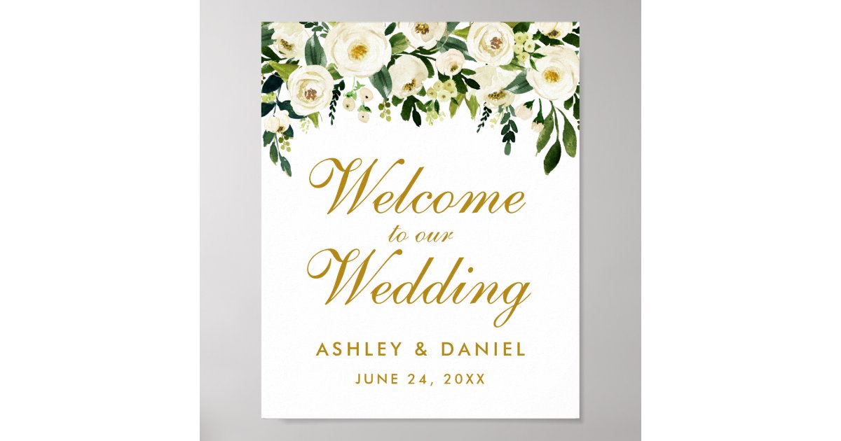 Watercolor Floral Green Gold Wedding Welcome Poster | Zazzle