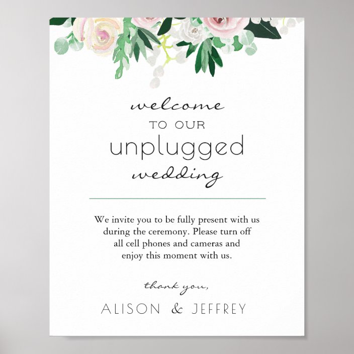 Watercolor Floral Green Unplugged Wedding Poster | Zazzle.com