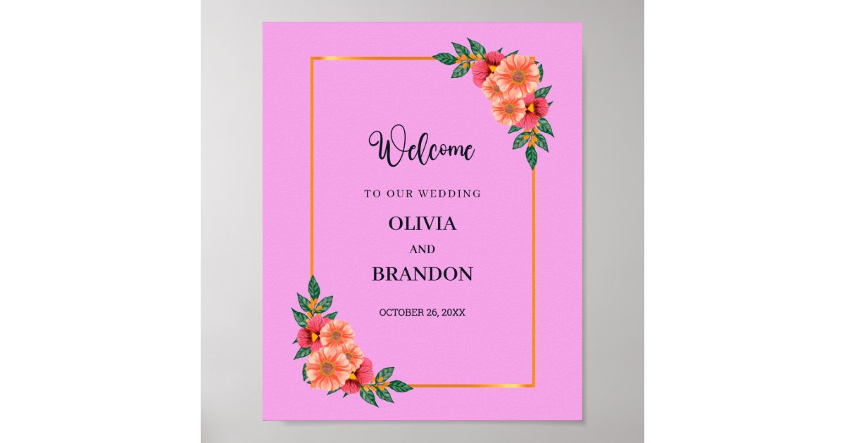 Watercolor Floral in Gold Frame Wedding Welcome Poster | Zazzle