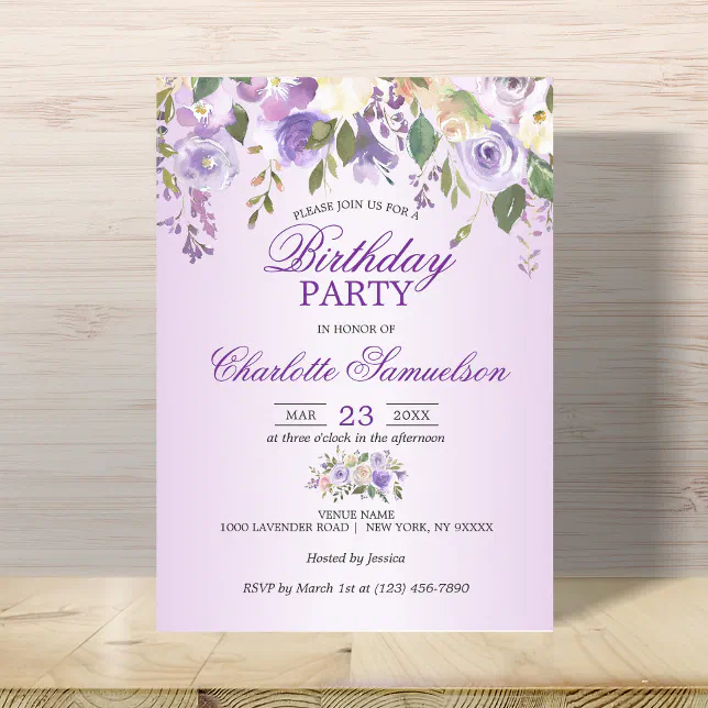 Watercolor Floral Lavender Purple BIRTHDAY Invitation | Zazzle