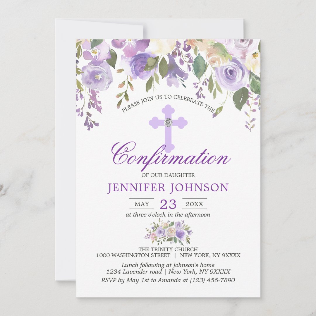 Watercolor Floral Lavender Purple Confirmation Invitation | Zazzle