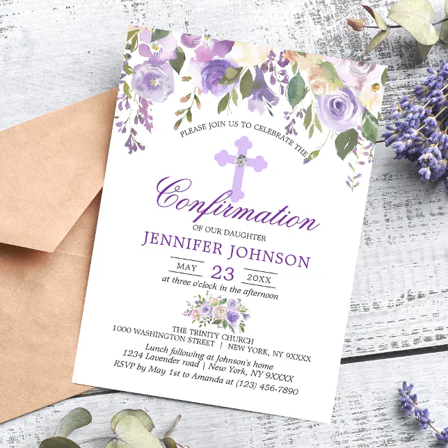 Watercolor Floral Lavender Purple Confirmation Invitation | Zazzle
