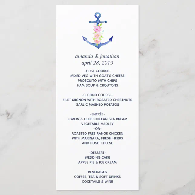 Watercolor Floral Nautical Wedding Menu | Zazzle