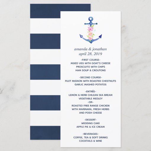 Watercolor Floral Nautical Wedding Menu | Zazzle