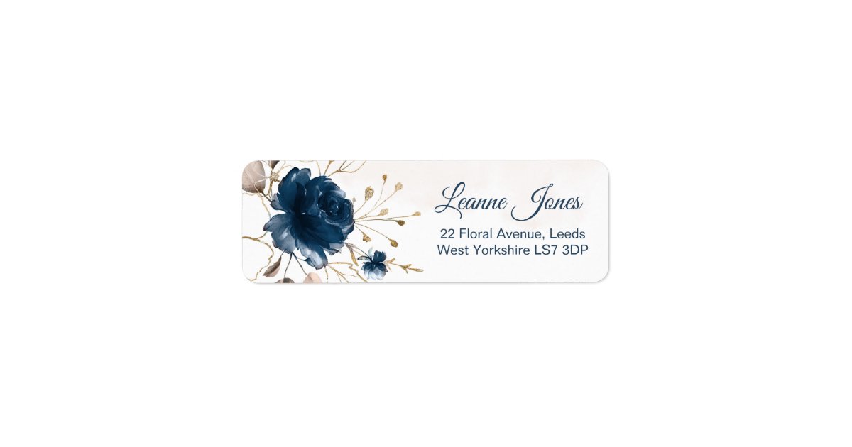 Watercolor floral navy blue & gold label | Zazzle