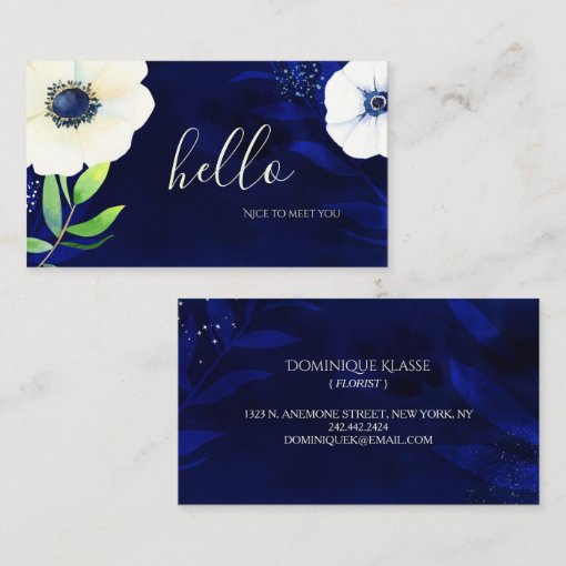 Watercolor Floral Navy Blue Hello Business Card | Zazzle