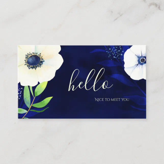 Watercolor Floral Navy Blue Hello Business Card | Zazzle